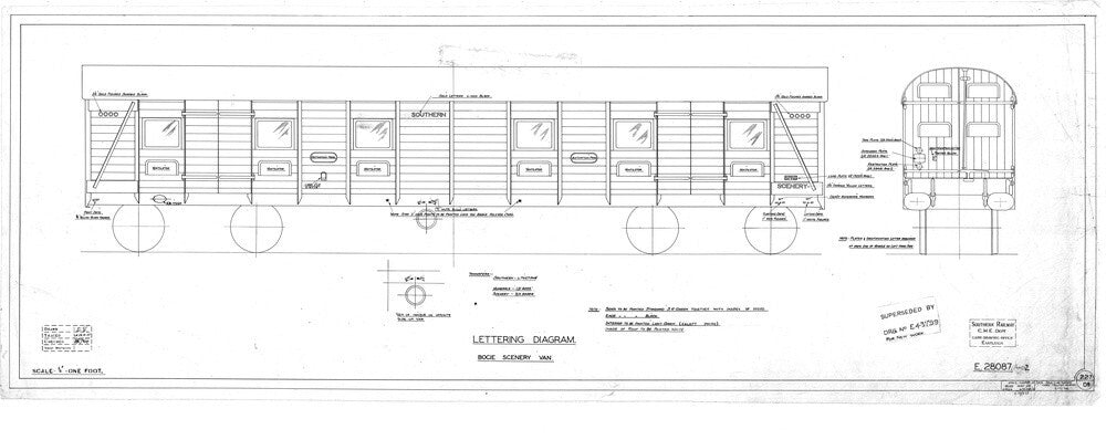 Lettering diagram for bogie scenery van, Southern Railway Eastleigh wo ...